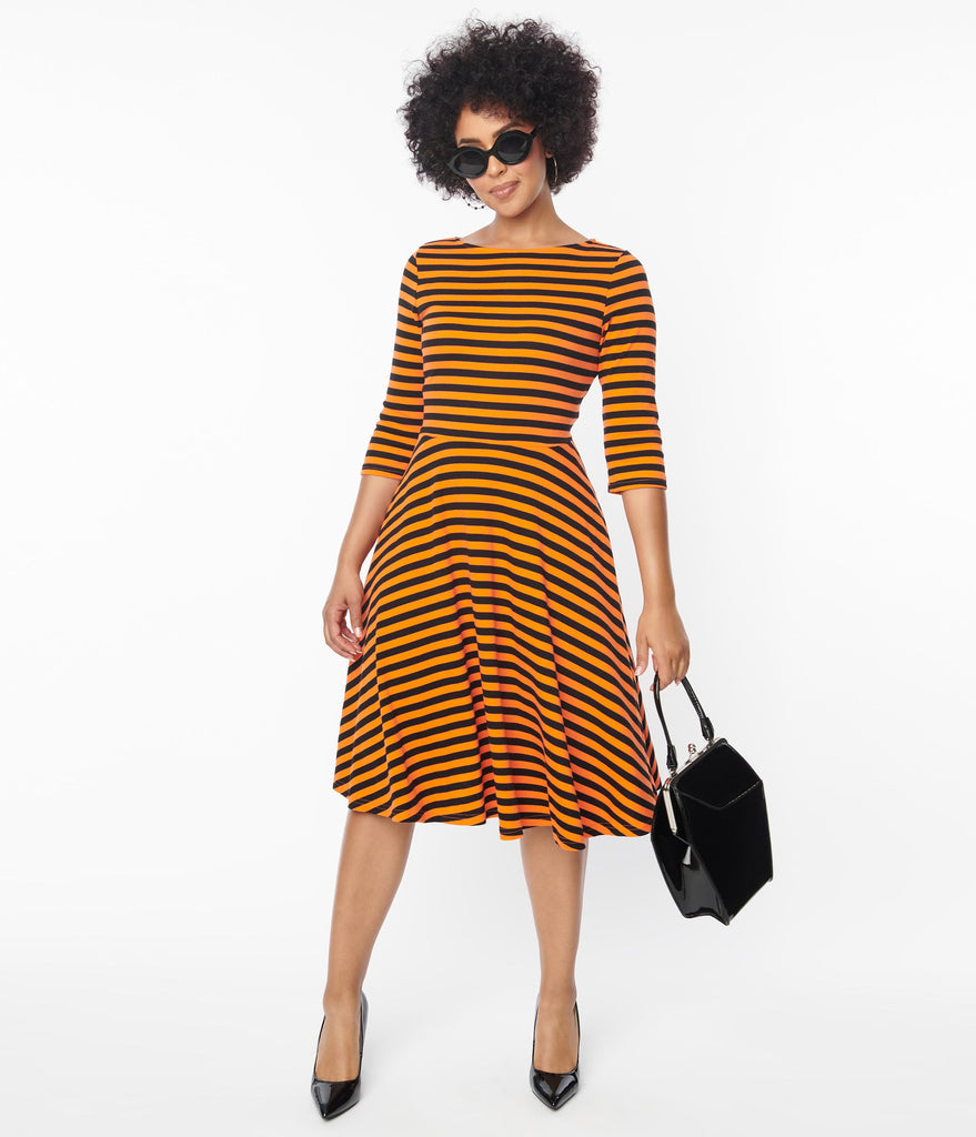 Unique Vintage Nicole Swing Dress - Black & Orange Stripe – Suzie's ...